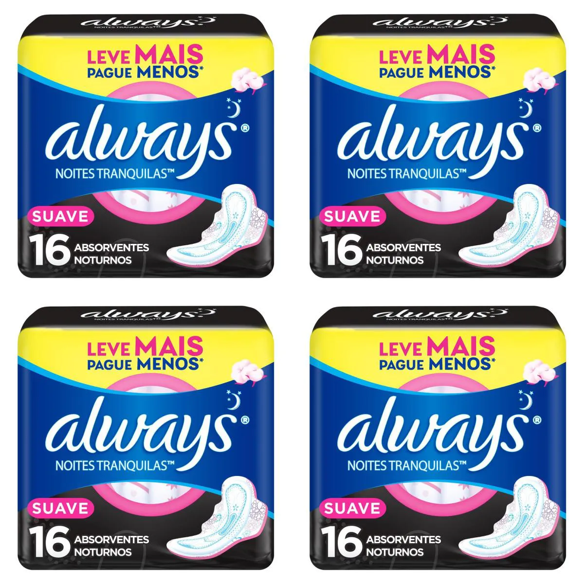 Kit C/4 Absorventes Cobertura Suave Noturno com Abas Always Simples 16 ...